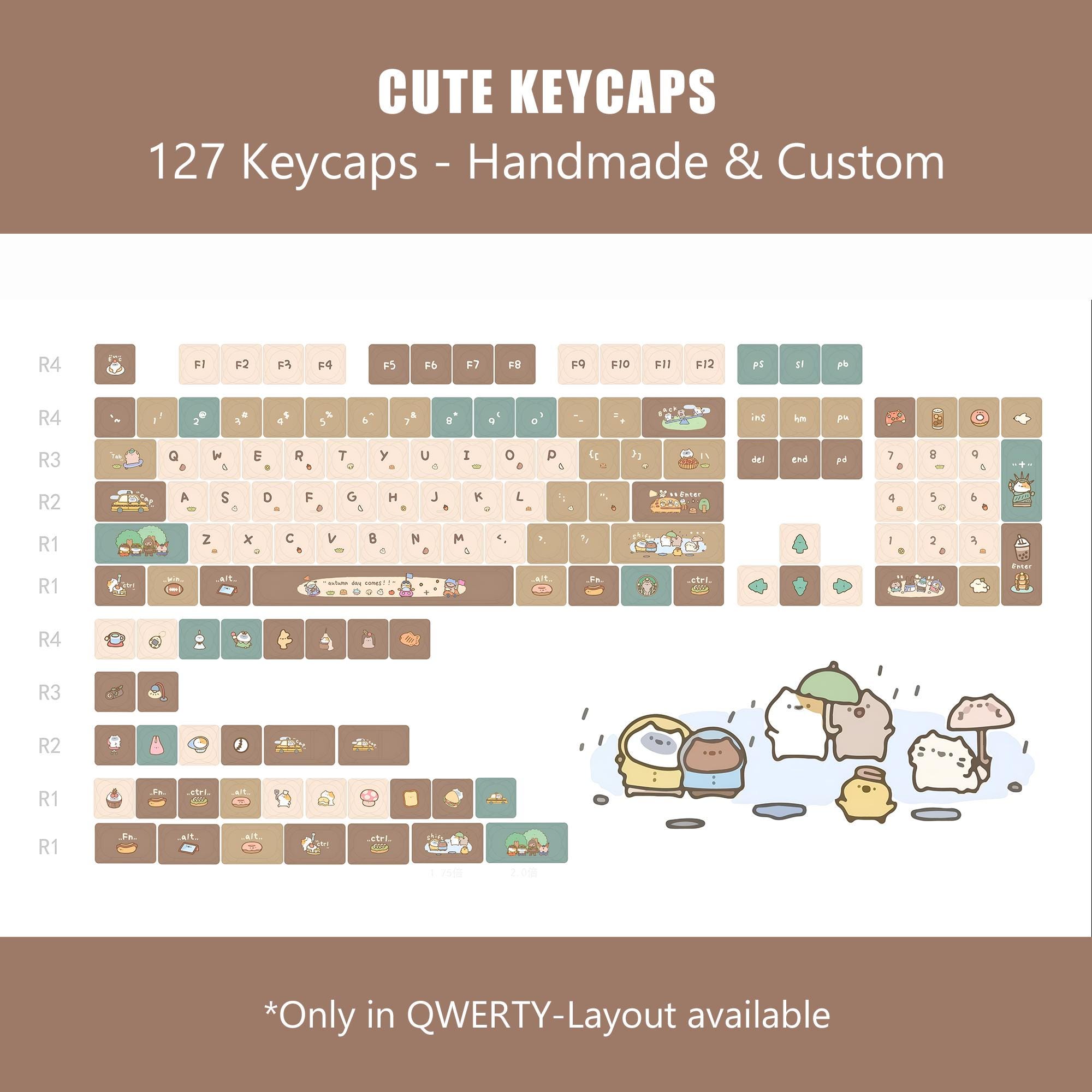 131 Keys Cute Cartoon Keycap Set, Khaki Keycaps, XOA Profile Keycaps ...