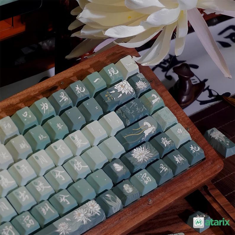 Green Floral Chinese Keycap Set - 140 PBT Custom Keycaps for Mechanical ...