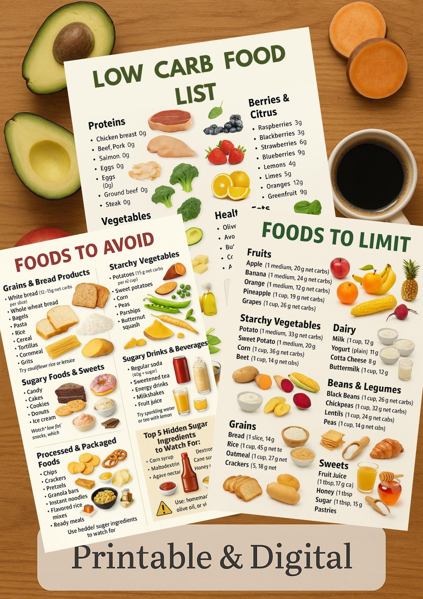 Low Carb Food List Printable Bundle/includes Foods to Avoid & Foods to ...