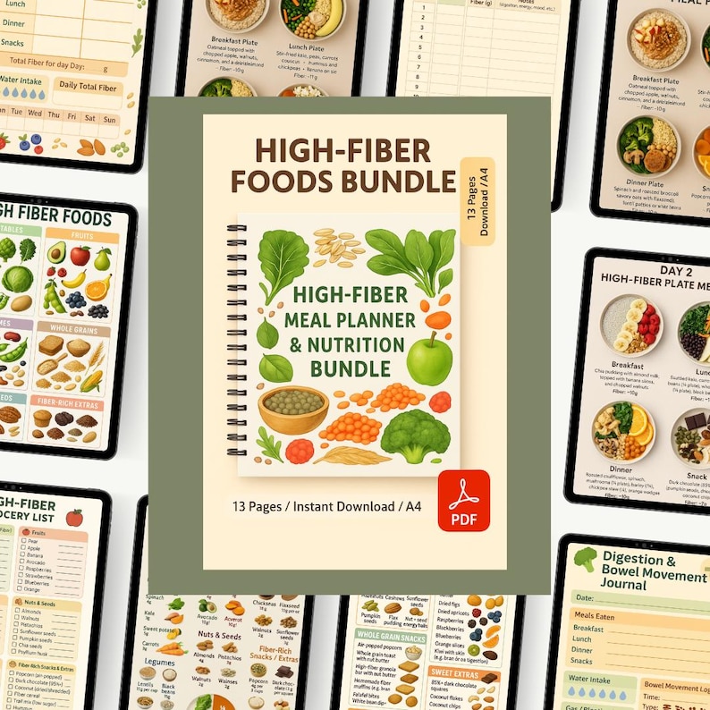 High Fiber Food Chart Bundle Print/ Meal Plan+ Food List + Grocery List ...