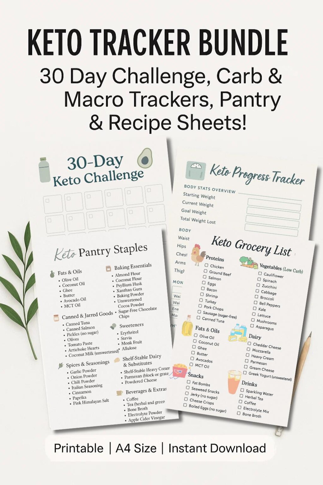 Keto Tracker Bundle: Meal Plan, Grocery List, Carb Tracker (A4 Digital ...