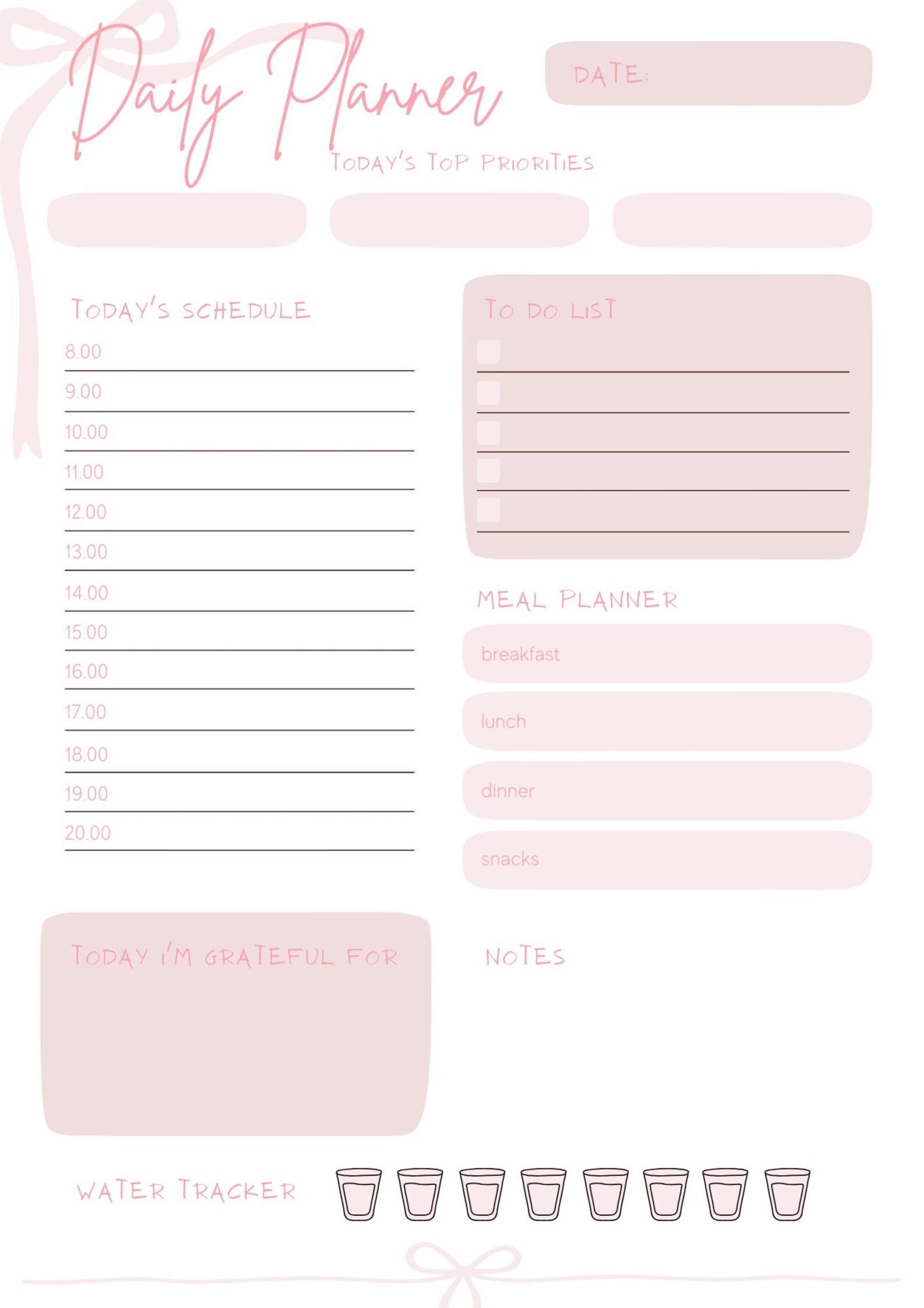Pink Coquette, Minimalist Daily Planner, Printable Planner, To-do List ...