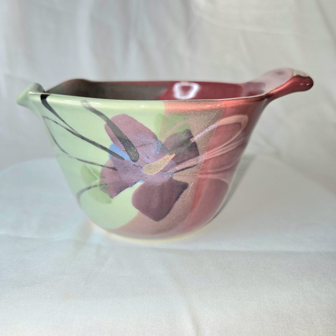 Follette Pottery Bowl-spouted,handle-handpainted Floral-signed by Kent ...