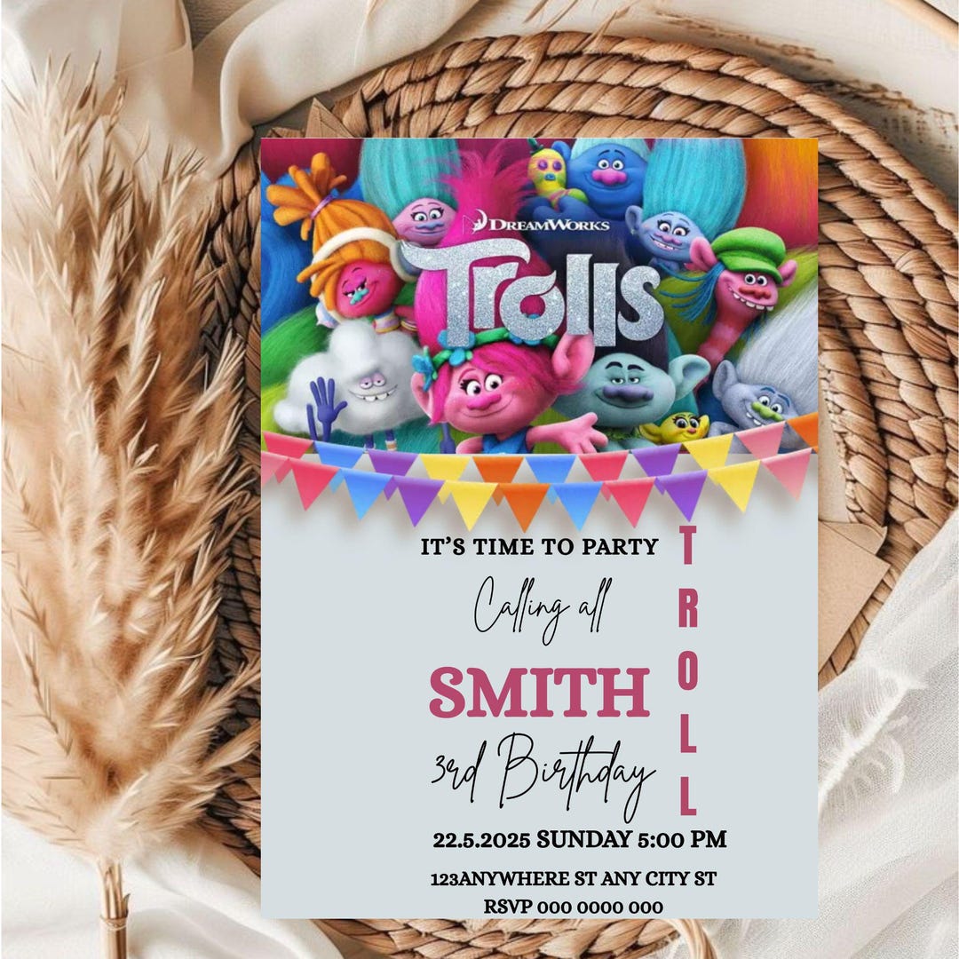Editable Trolls Birthday Invitation Template / Kids Birthday Invitation Template / Trolls Kids ...