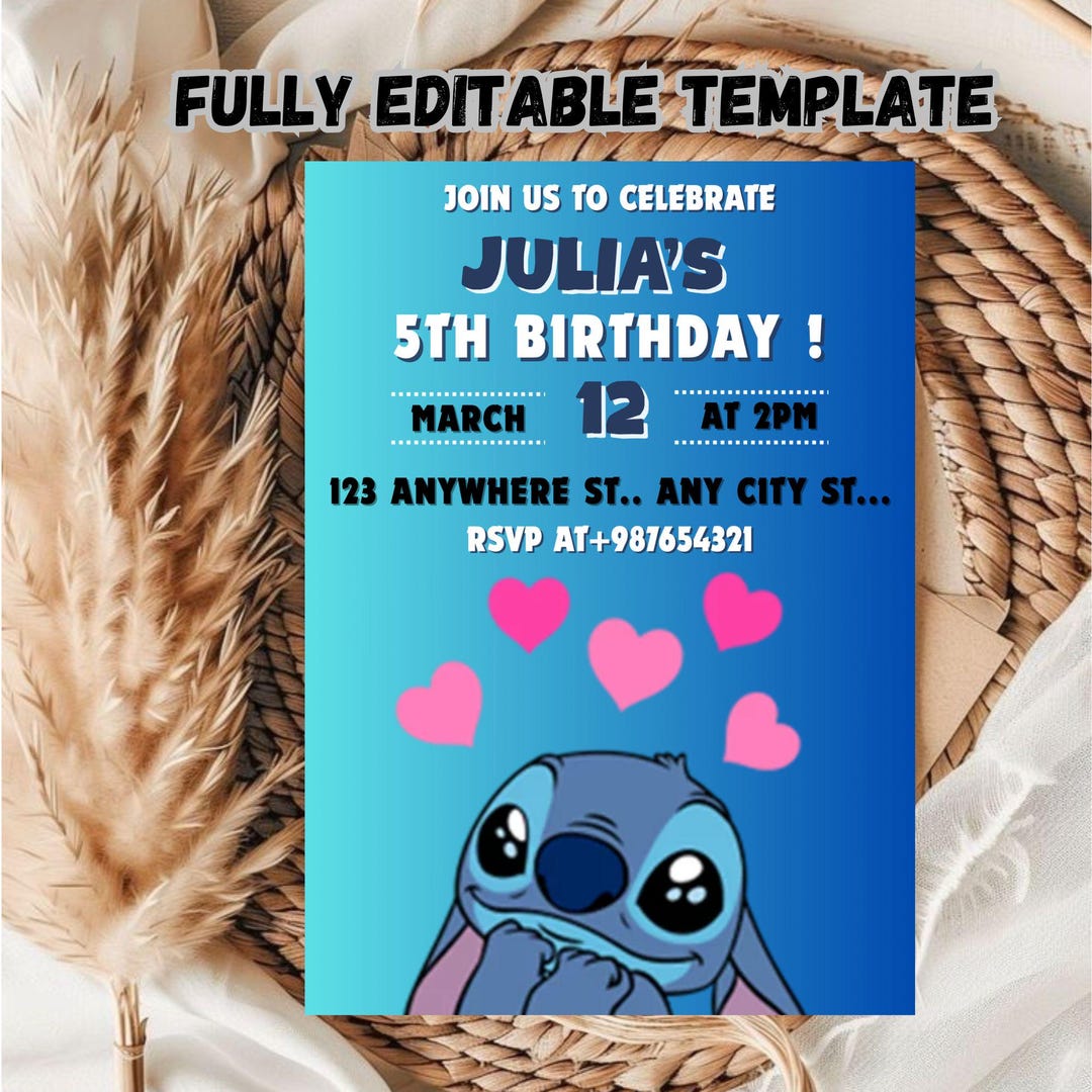 Plantilla de invitación de cumpleaños de Stitch editable / Plantilla de ...