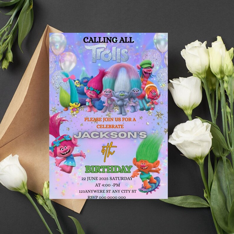 Editable Troll Birthday Invitation Template / Trolls Birthday ...