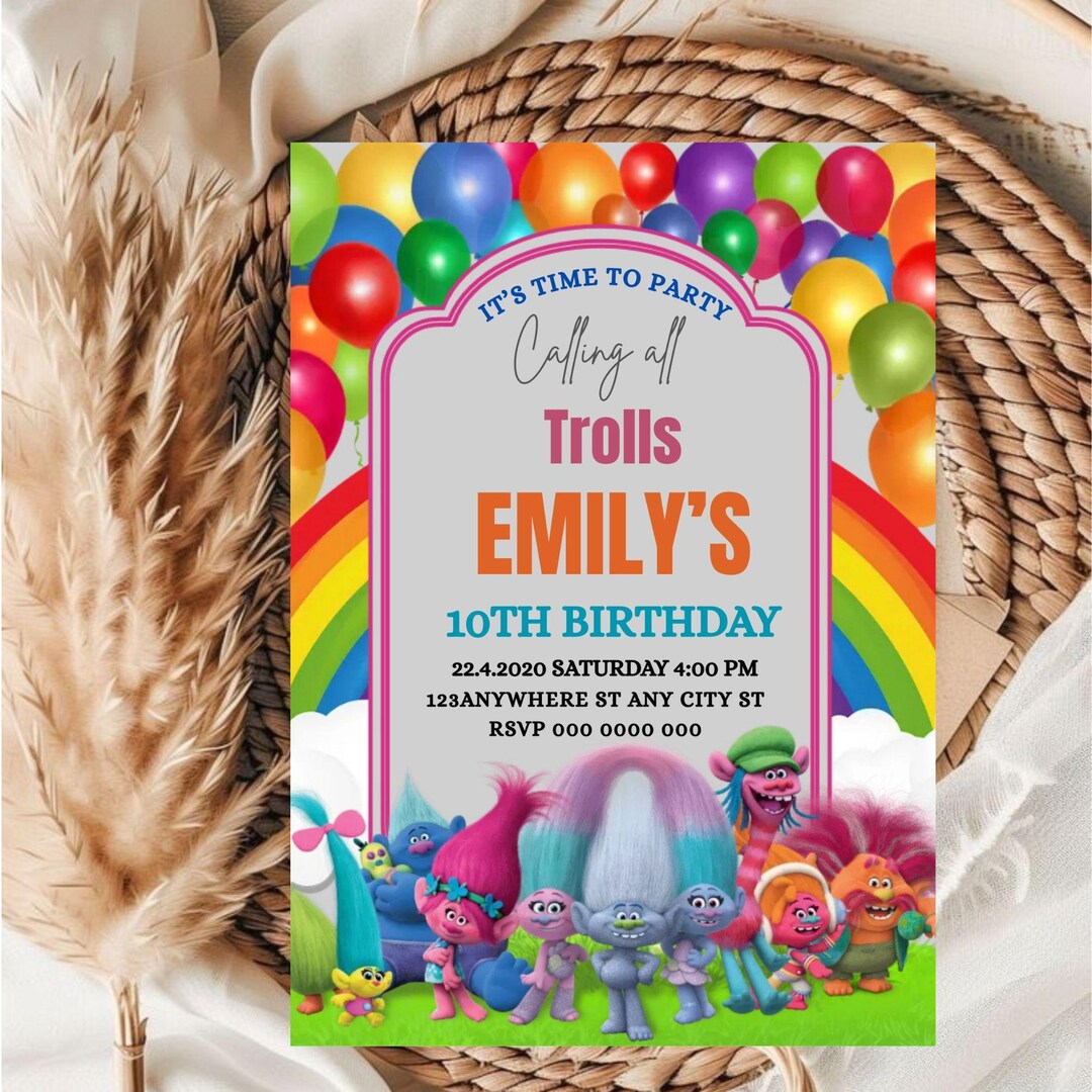 Editable Troll Birthday Invitation Template / Troll Birthday Party ...