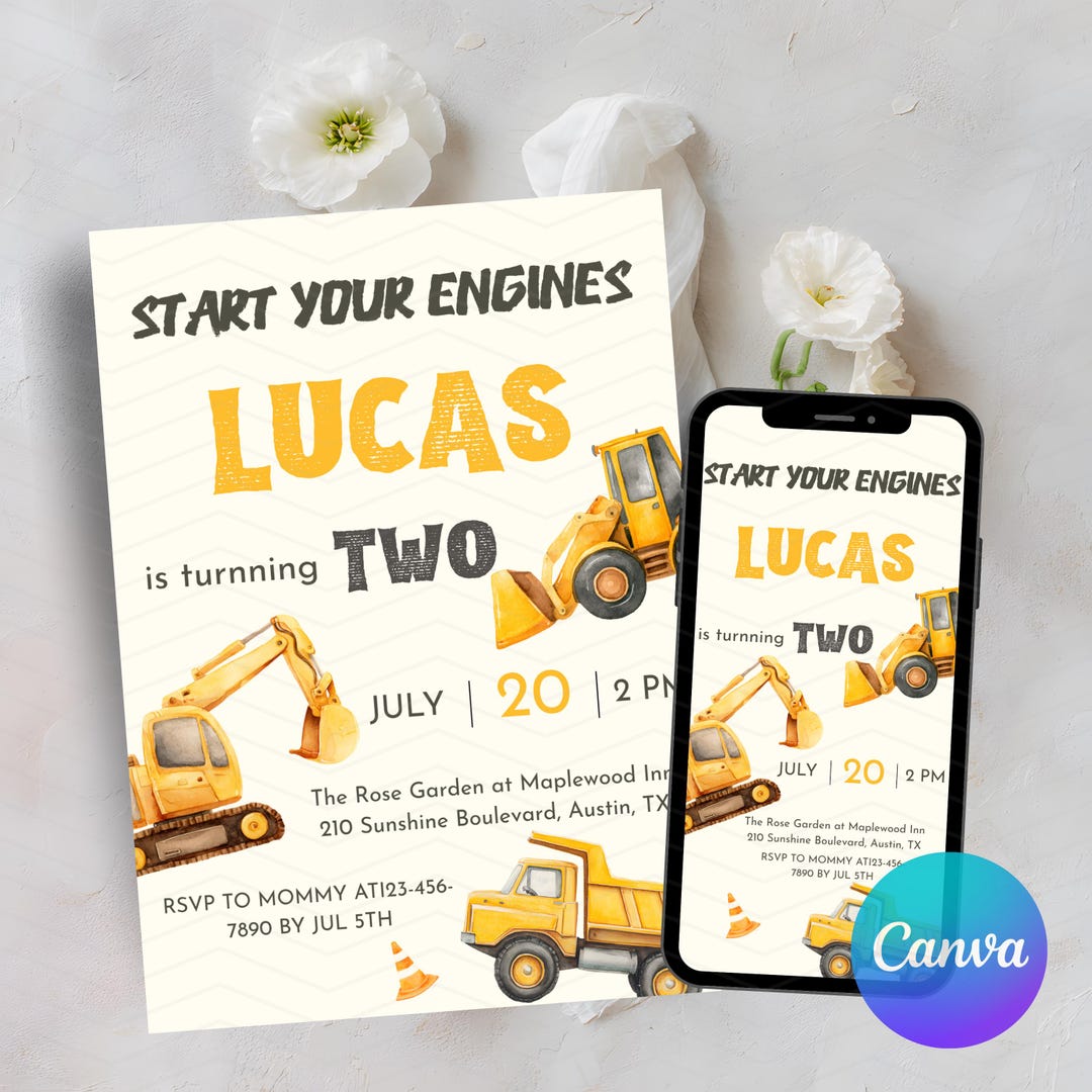 Editable Construction Vehicle Birthday Invitation Personalized ...