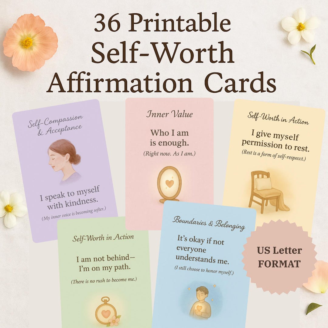 Self-worth Affirmation Cards – US Letter | 36 Printable Cards + Journal ...
