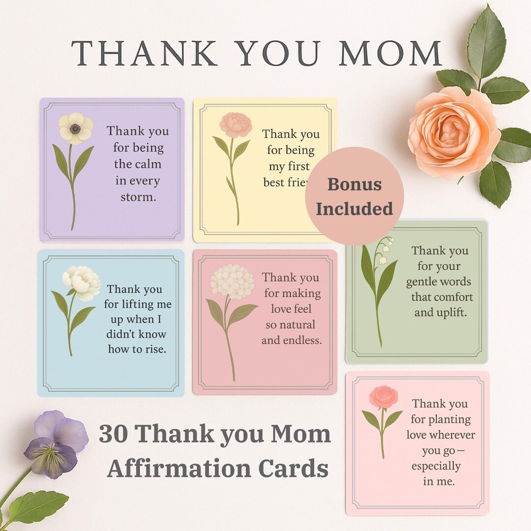 Printable Thank You Mom Cards – 30 Affirmations for Mom • Mother's Day ...
