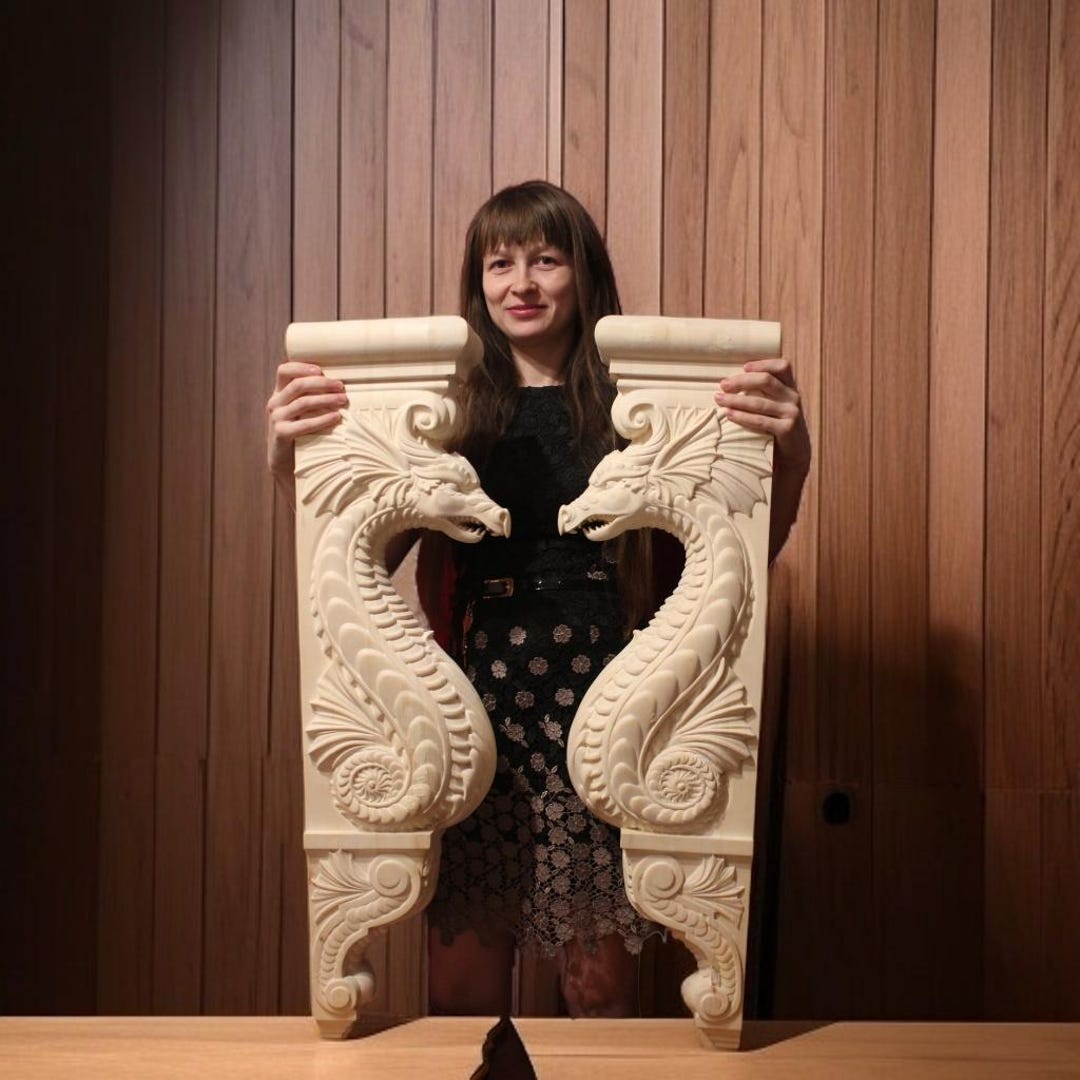 30" Dragon Corbel Carved on Wood, Unique Wood Carved Rustic Wall ...