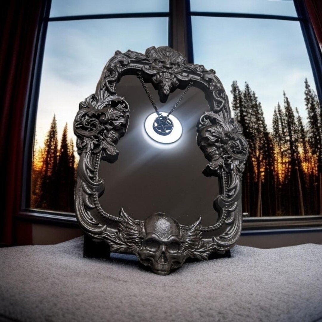 Black Demons Scrying Mirror With Frame Carved on Wood, Obsidian Style ...