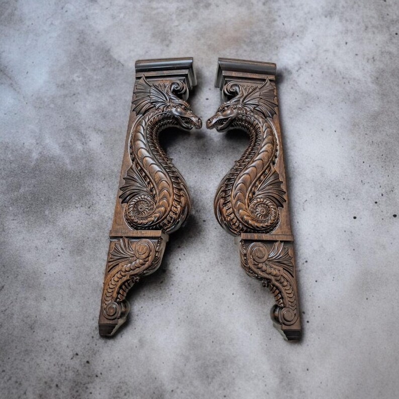 Dragon Corbel Carved on Wood, Unique Wood Carved Rustic Wall Bracket ...