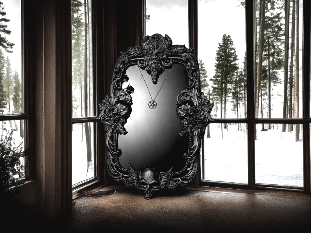 Black Scrying Mirror With Demons Frame Carved on Wood, Obsidian Style ...