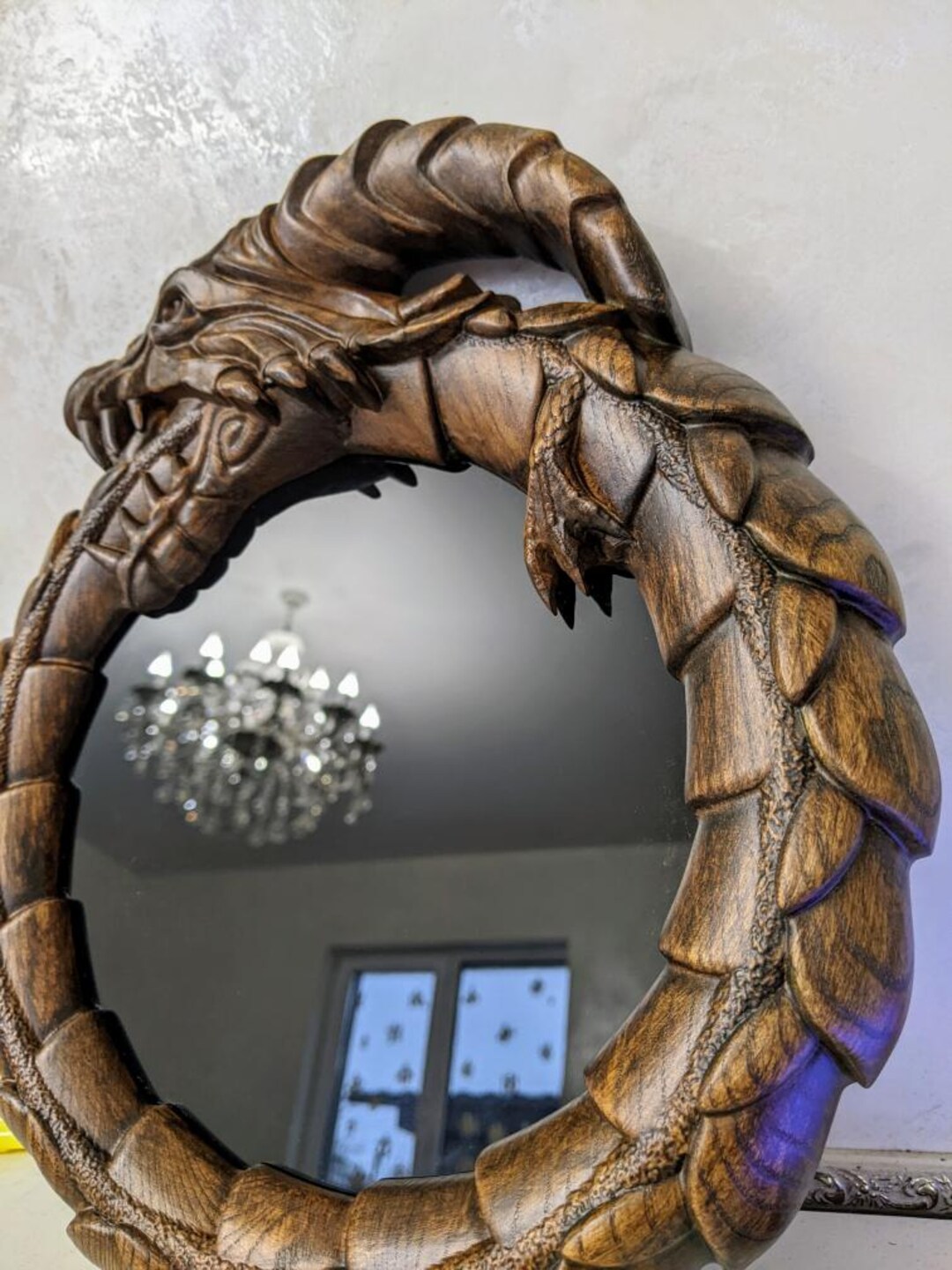 10" Ouroboros Black Wall Mirror With Frame Carved on Wood, Obsidian ...