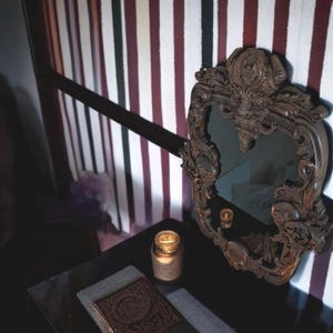 Black Scrying Mirror With Demons Frame Carved on Wood, Obsidian Style ...