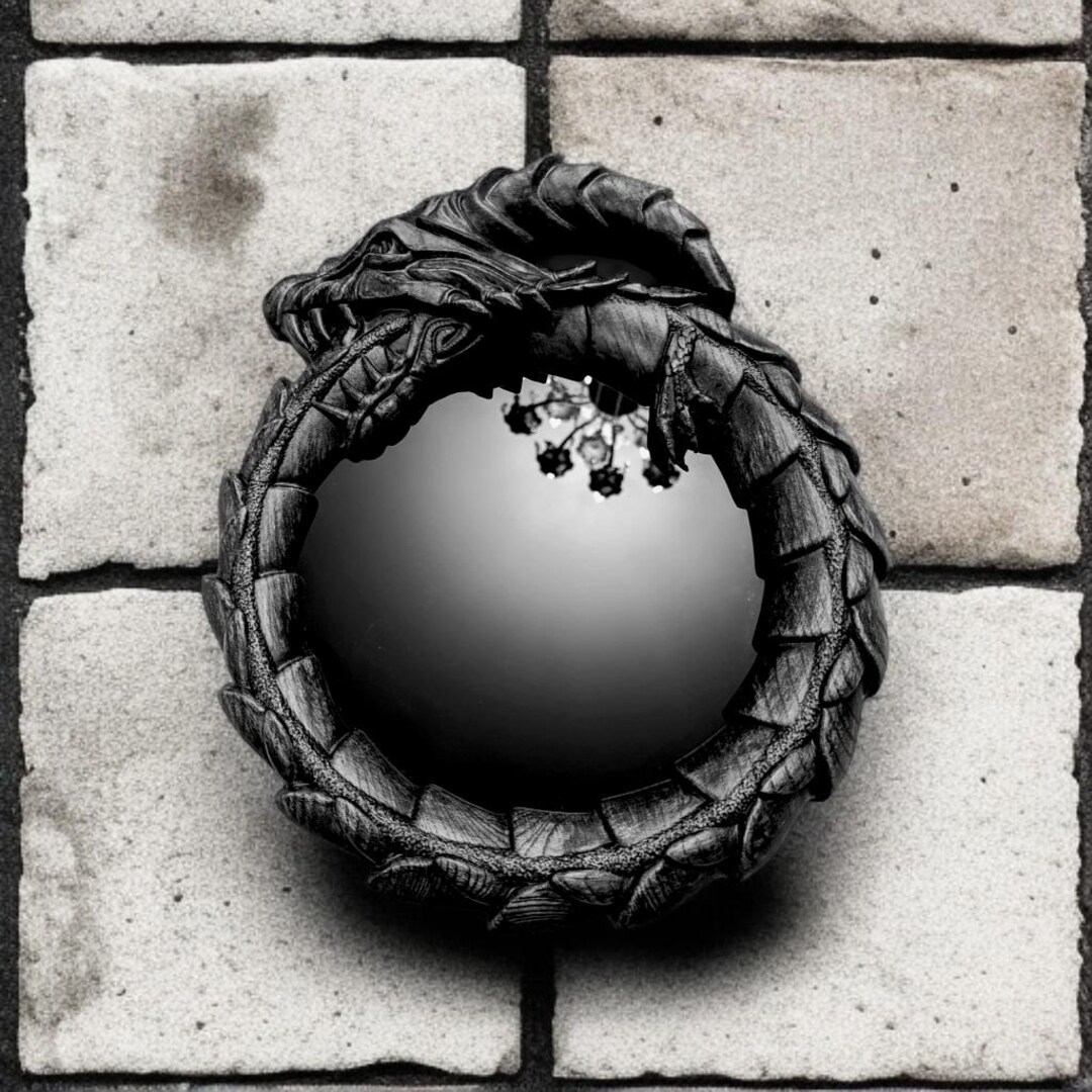 Ouroboros Black Wall Mirror With Wooden Frame, Obsidian Style Mirror ...