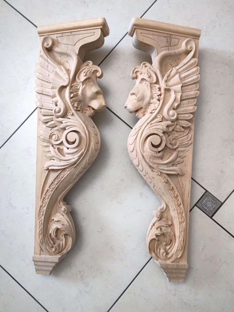 25" Rustic Corbel With Lion Head, Unique Wood Carved Rustic Wall ...