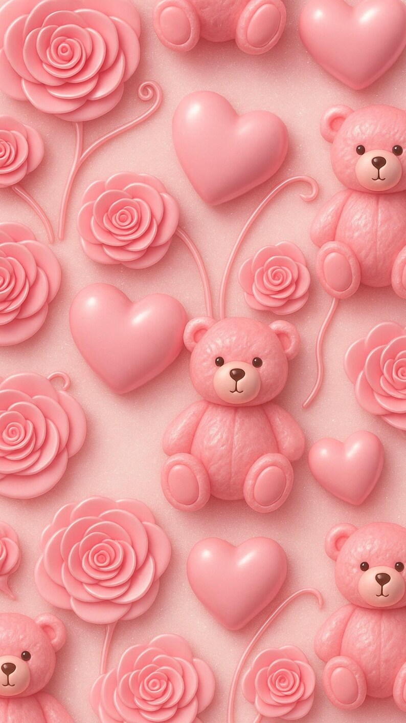 Cute Teddy & Heart Wallpaper Set 3D Floral Bear Design Soft Aesthetic Phone Backgrounds Girly ...
