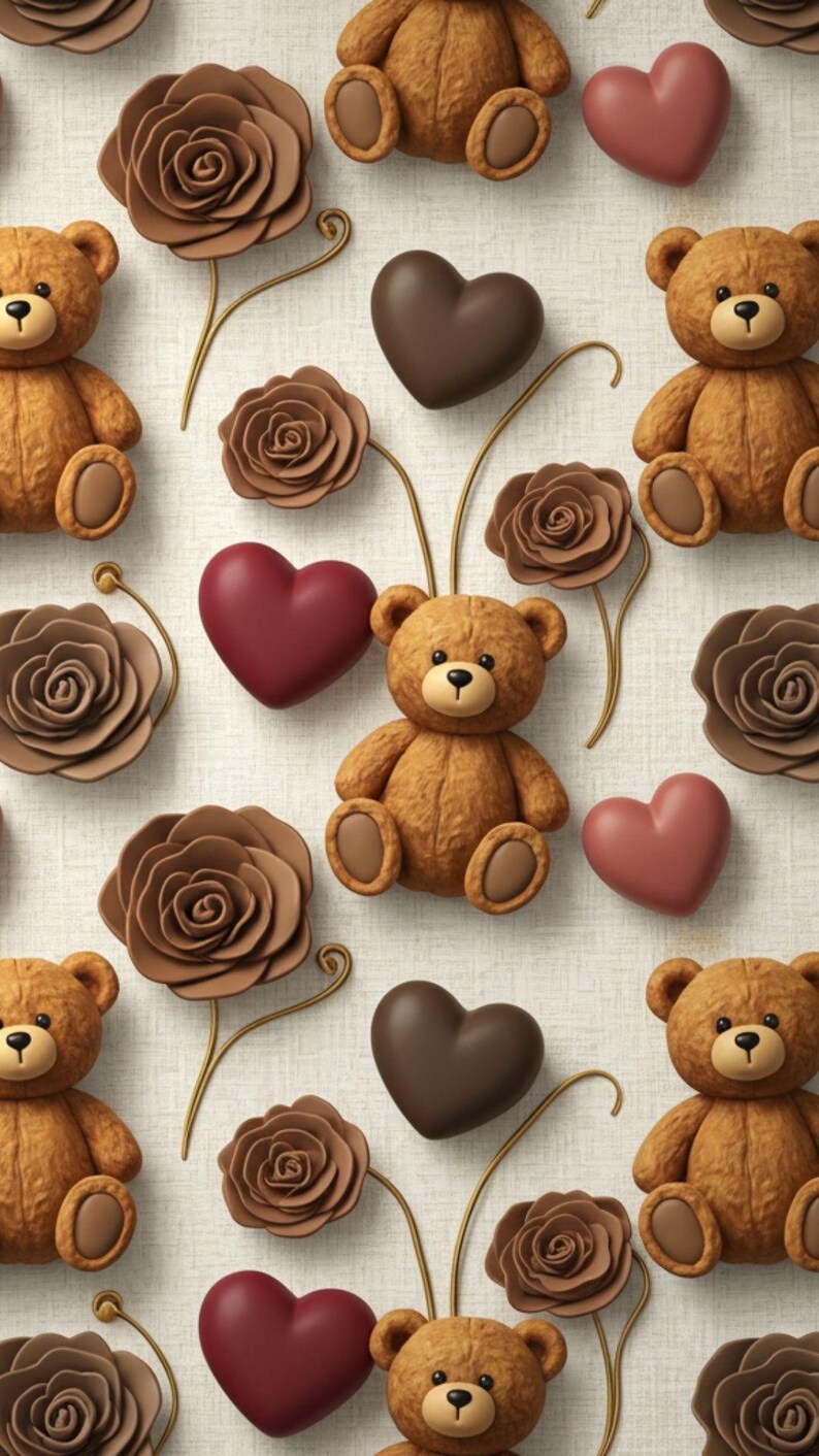 Cute Teddy & Heart Wallpaper Set 3D Floral Bear Design Soft Aesthetic Phone Backgrounds Girly ...