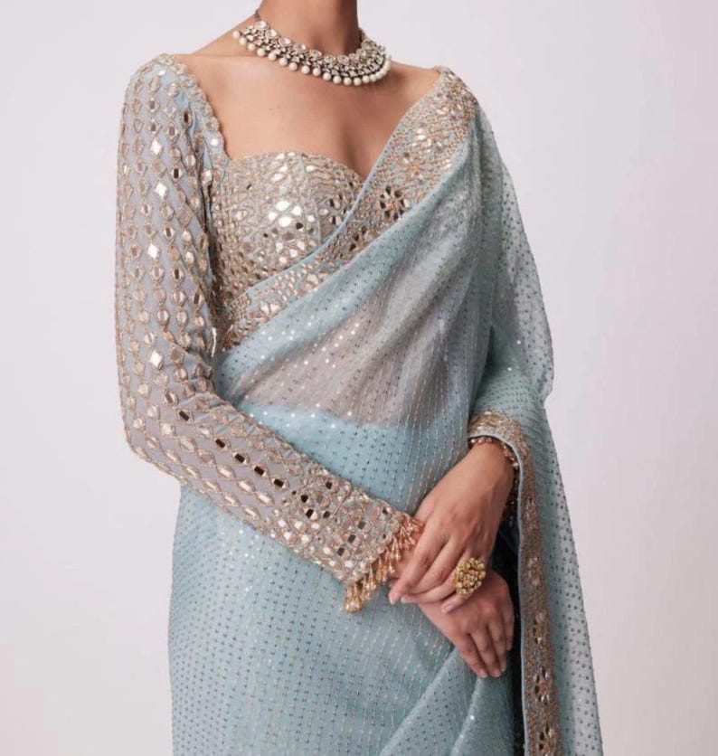 Blue Sequence Mirror Work Border Georgette Saree With Blouse ...