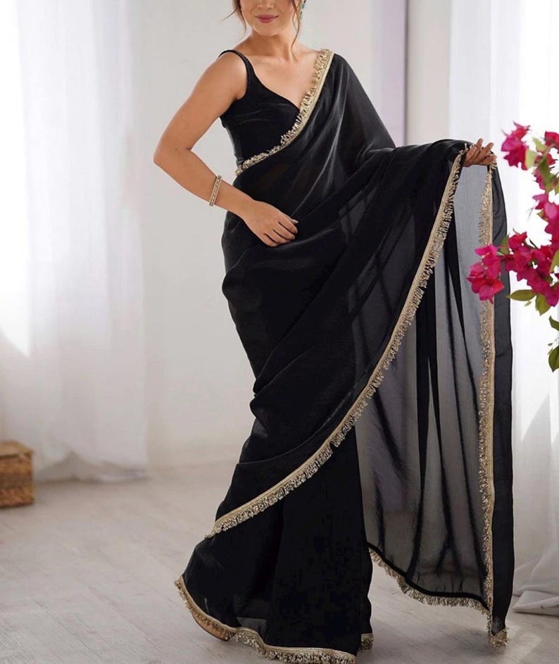Crushed Silk Plain Saree With Lace | Lightweight Sari Blouse | Indian ...