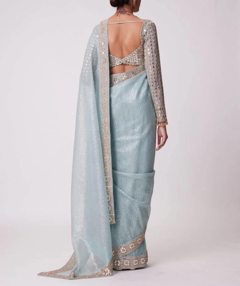 Blue Sequence Mirror Work Border Georgette Saree With Blouse ...