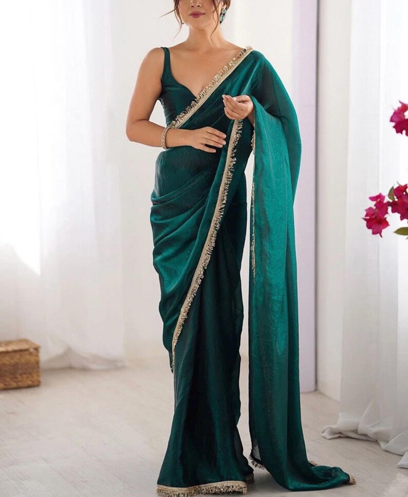 Crushed Silk Plain Saree With Lace | Lightweight Sari Blouse | Indian ...