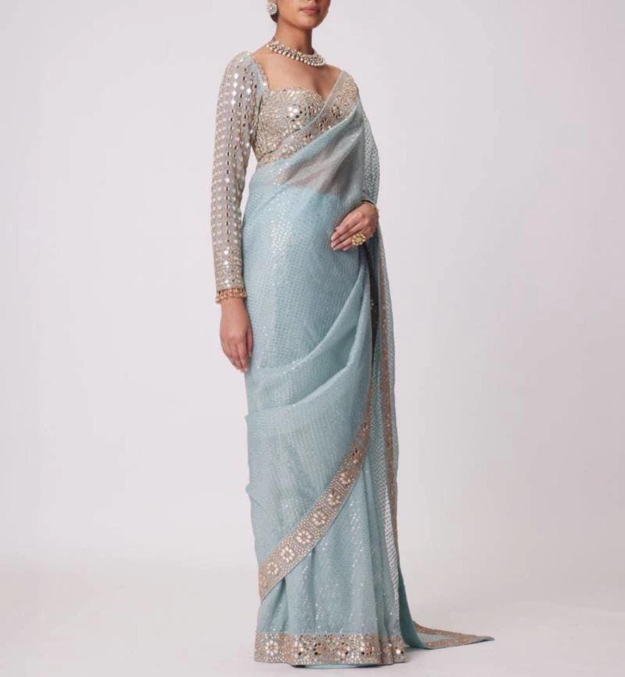 Blue Sequence Mirror Work Border Georgette Saree With Blouse ...