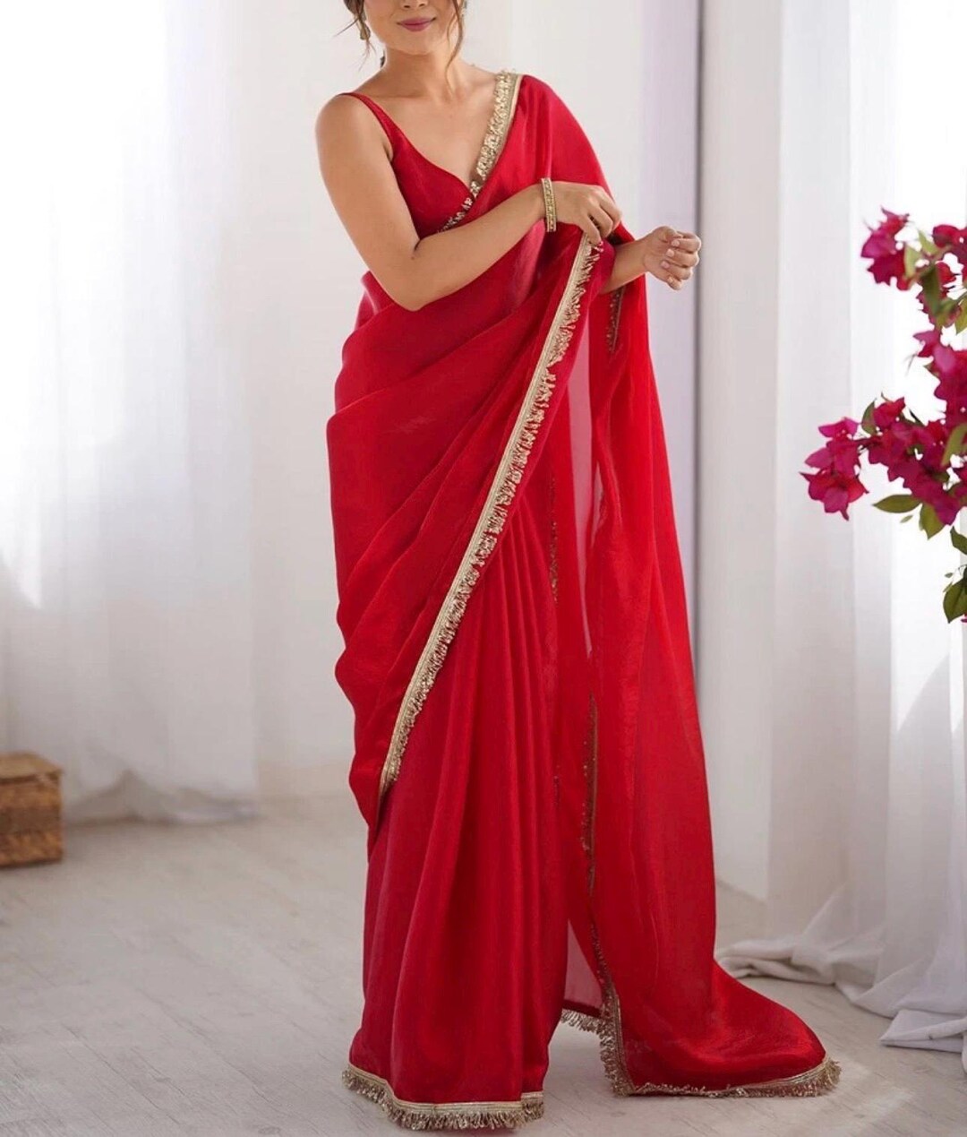 Crushed Silk Plain Saree With Lace | Lightweight Sari Blouse | Indian ...