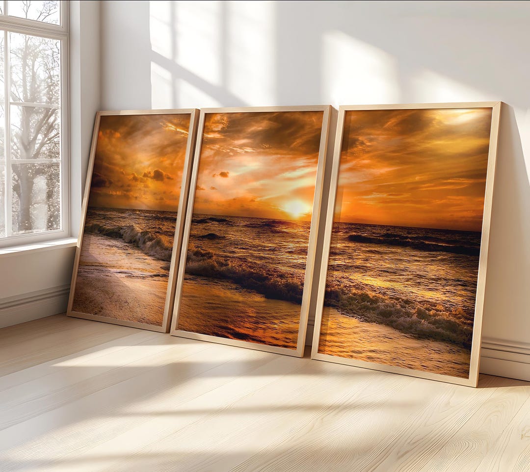 Ocean Waves & Sunset Prints | Coastal Beach Wall Art Triptych ...