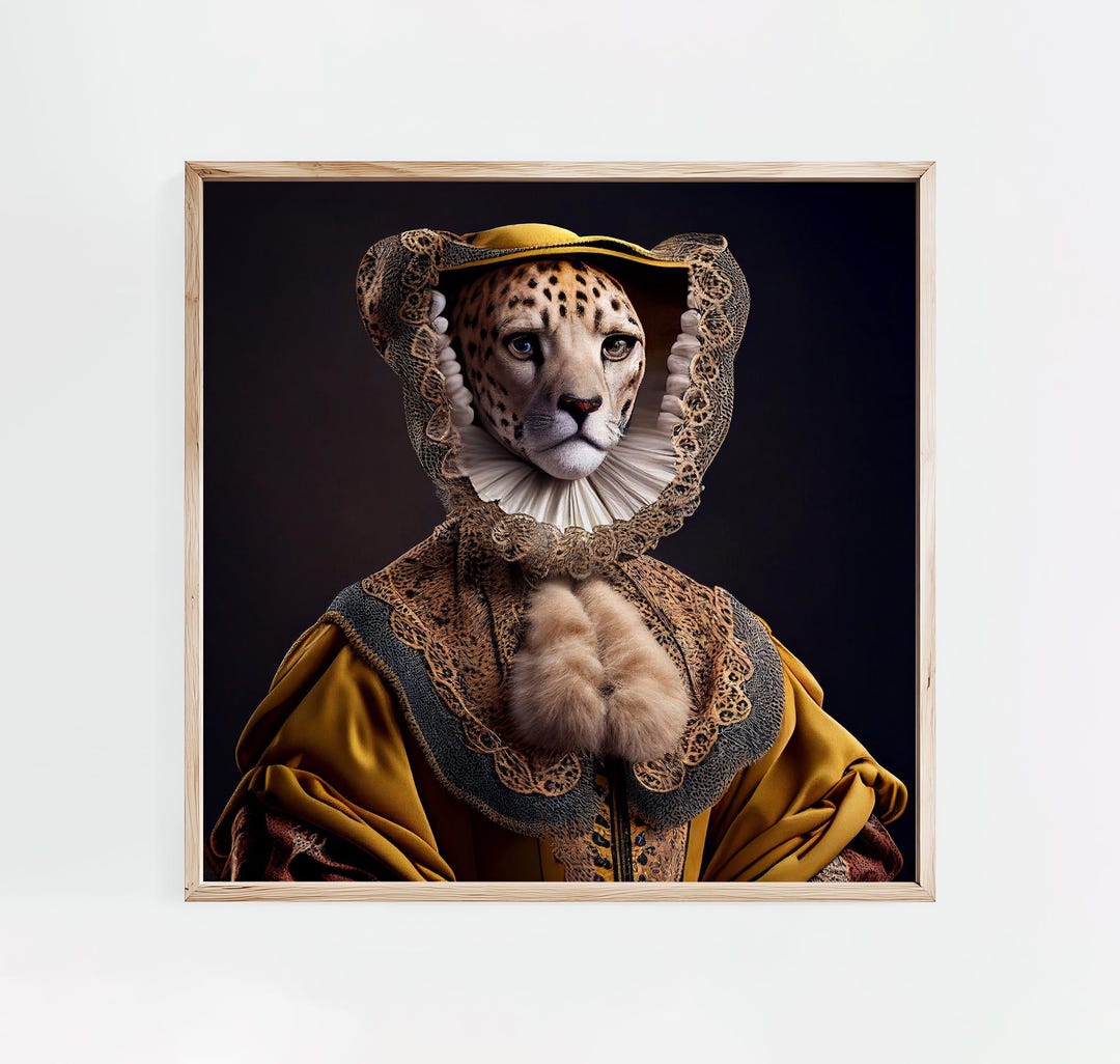 Wooden Framed Cheetah Wearing Hat Art Print, Quirky Animal Portrait ...