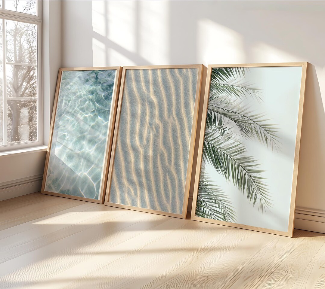 Neutral Beach Wooden Framed Set of 3 Ocean Prints Beach Wall Decor Sage ...