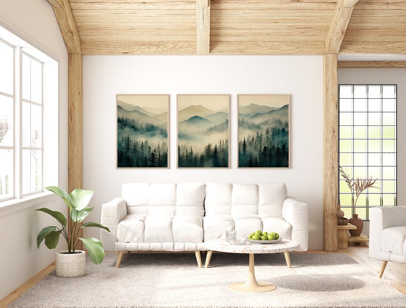 Sage Green Mountain 3 Piece Wooden Framed Art | Watercolor Mountain ...