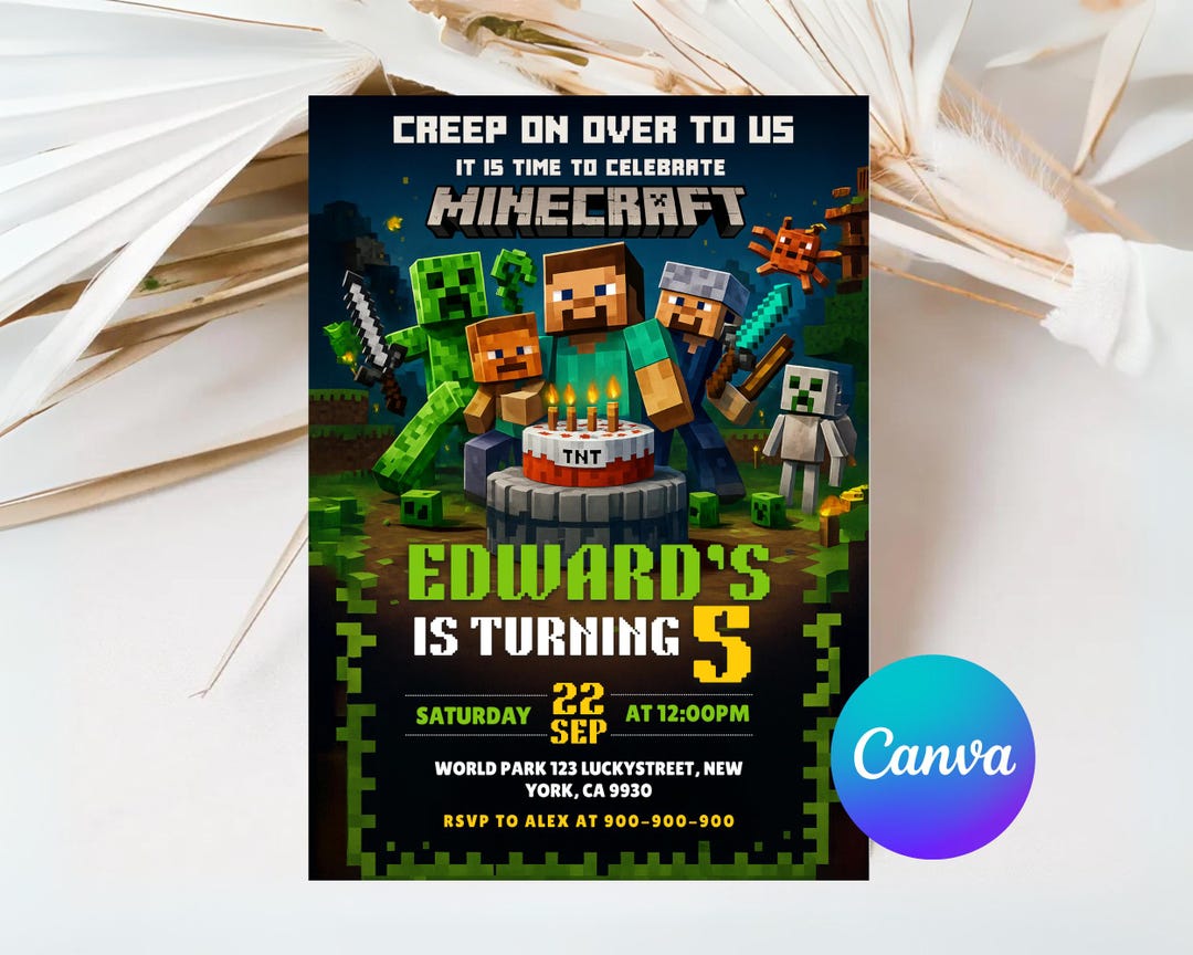 Editable Minecraft Party Invitation, Gamer Birthday Invite for Kids ...