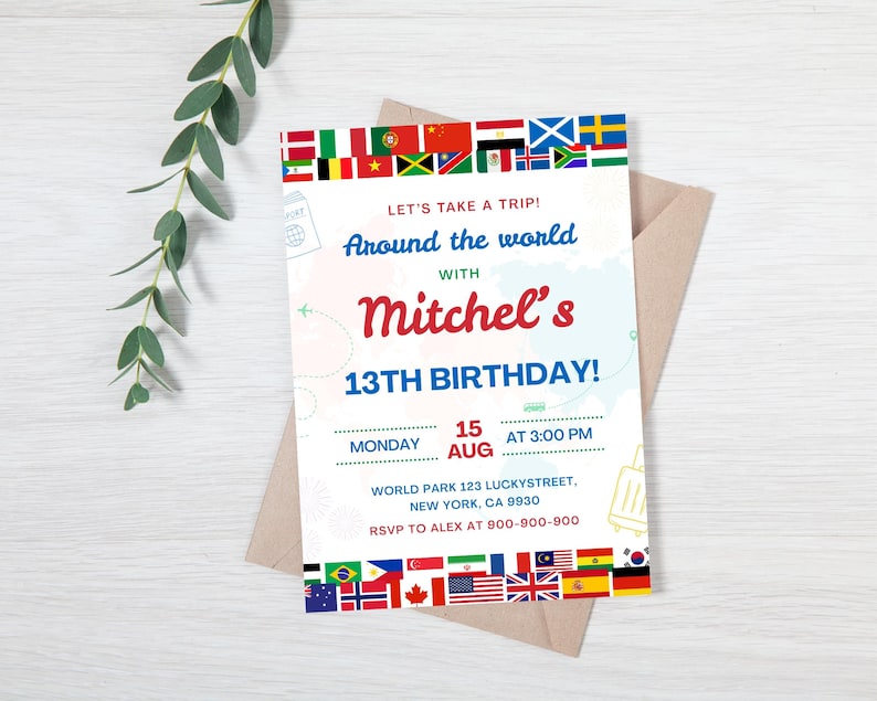 Around the World Birthday Invitation, Travel Theme Party Invite ...