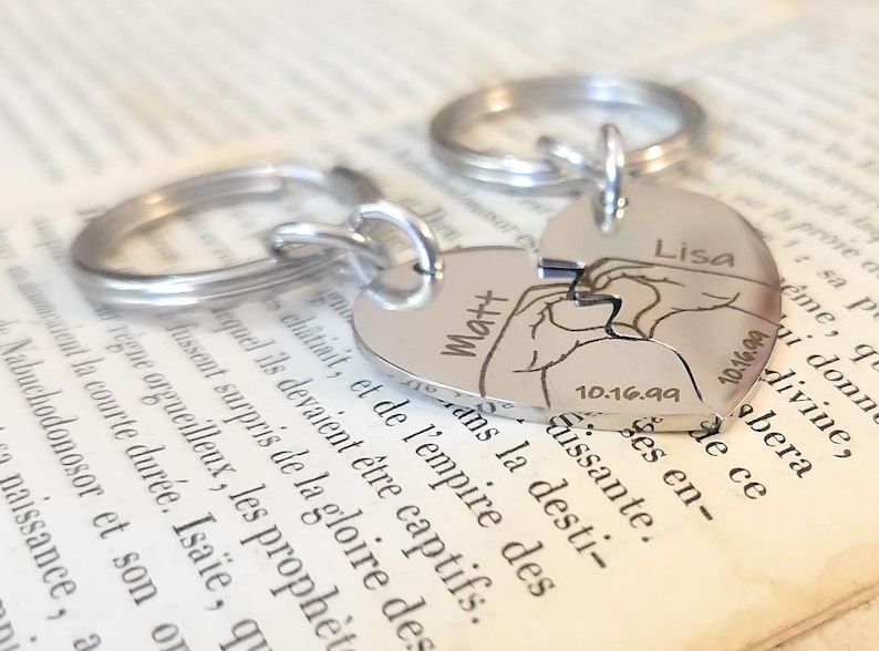 Couples Love Heart Key Chains, Personalized Names & Date, Puzzle Pieces ...