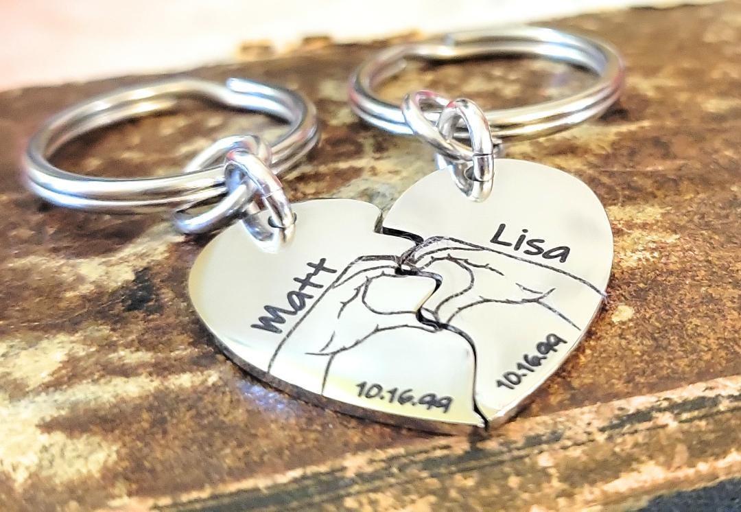 Couples Love Heart Key Chains, Personalized Names & Date, Puzzle Pieces ...