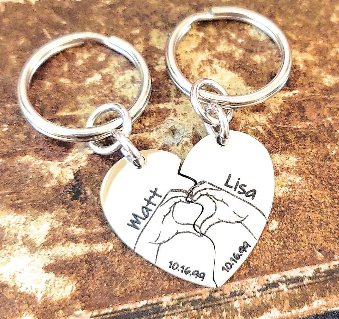 Couples Love Heart Key Chains, Personalized Names & Date, Puzzle Pieces ...