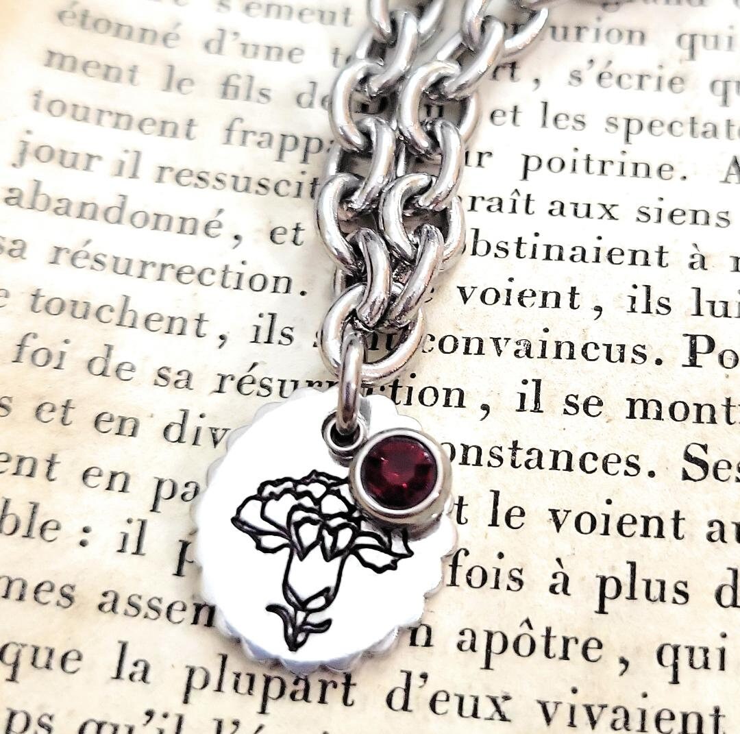 January Birthstone Carnation Flower Charm Bracelet With Birth Month ...