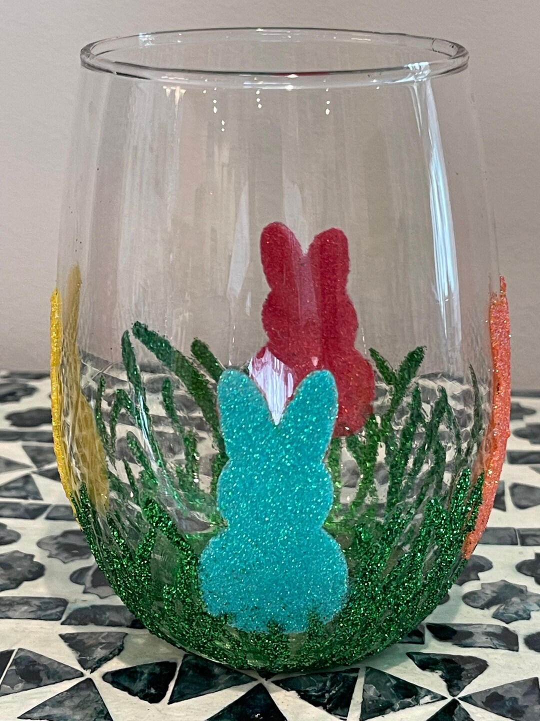 Hand Painted Glitter Easter Wine Glass, Peeps Wine Glass, Easter Gift ...