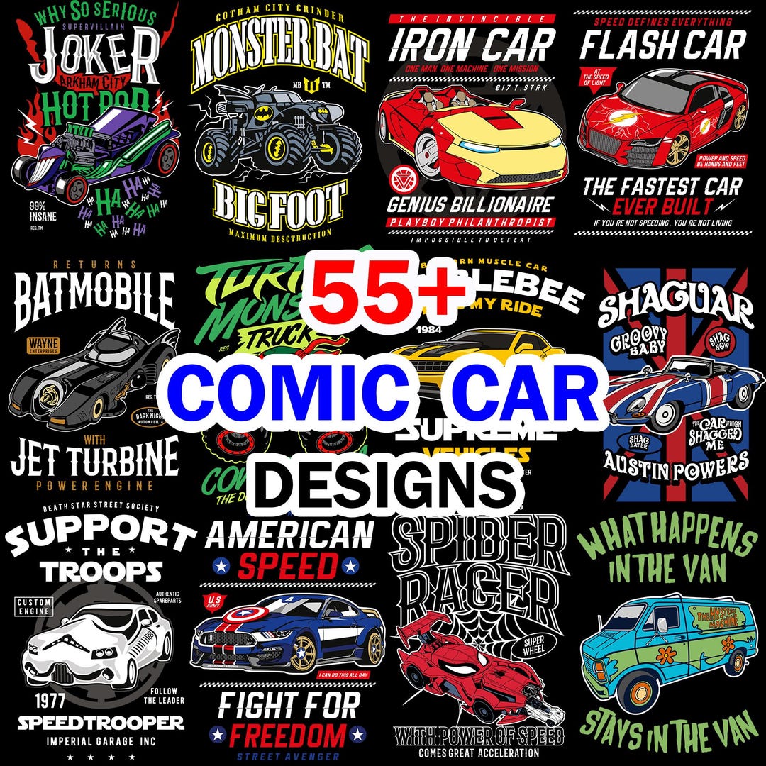 55+ Comic Car Designs PNG Bundle: T-shirt Prints, Automotive Vector Art ...