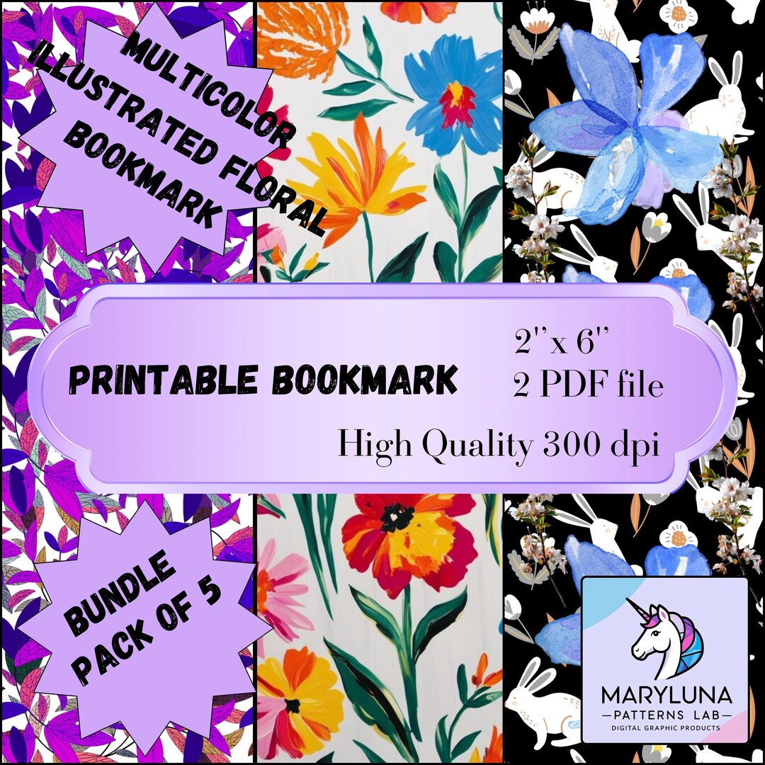 Printable Bookmark Multicolor Illustrated Floral Pattern Bundle Pack of ...