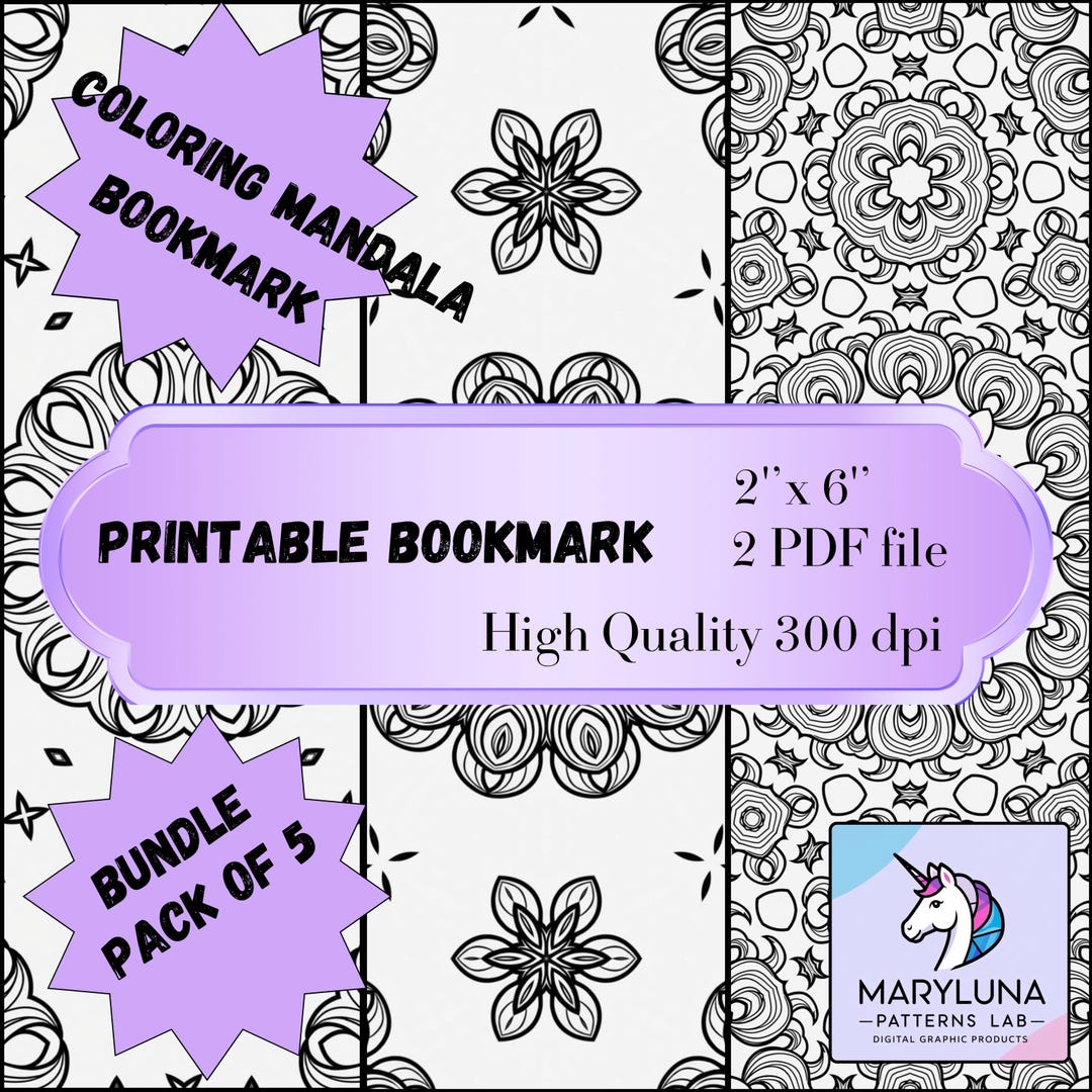 Printable Bookmarks Coloring Mandala Pattern Bundle Pack of 5 Digital ...