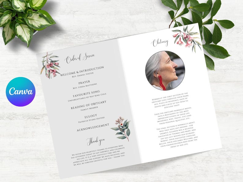 Funeral Program Template Editable, Memorial Service Invitation, Canva ...