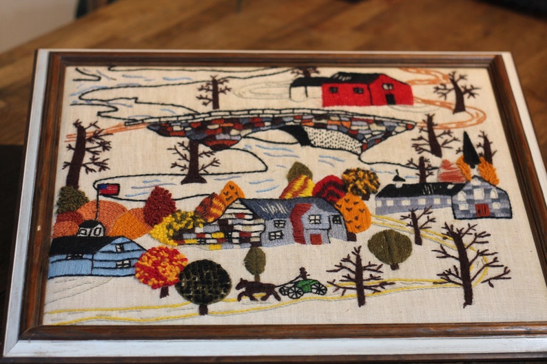 Vintage Needlepoint Folk Art Country Scene Farm Field Fall Winter Town ...