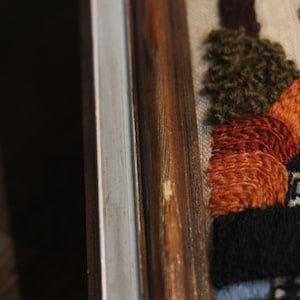 Vintage Needlepoint Folk Art Country Scene Farm Field Fall Winter Town ...