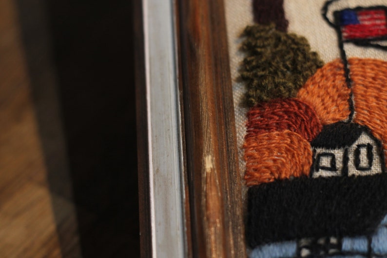 Vintage Needlepoint Folk Art Country Scene Farm Field Fall Winter Town ...