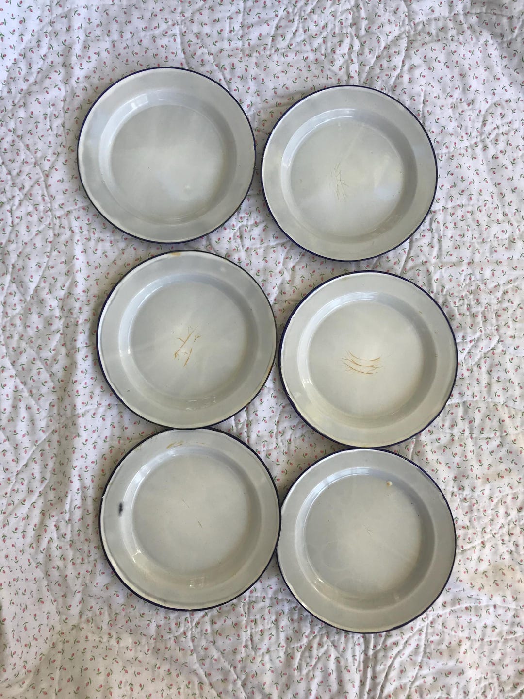 Vintage Enamelware Metal Dinner Plates Set of 6 White With Blue - Etsy