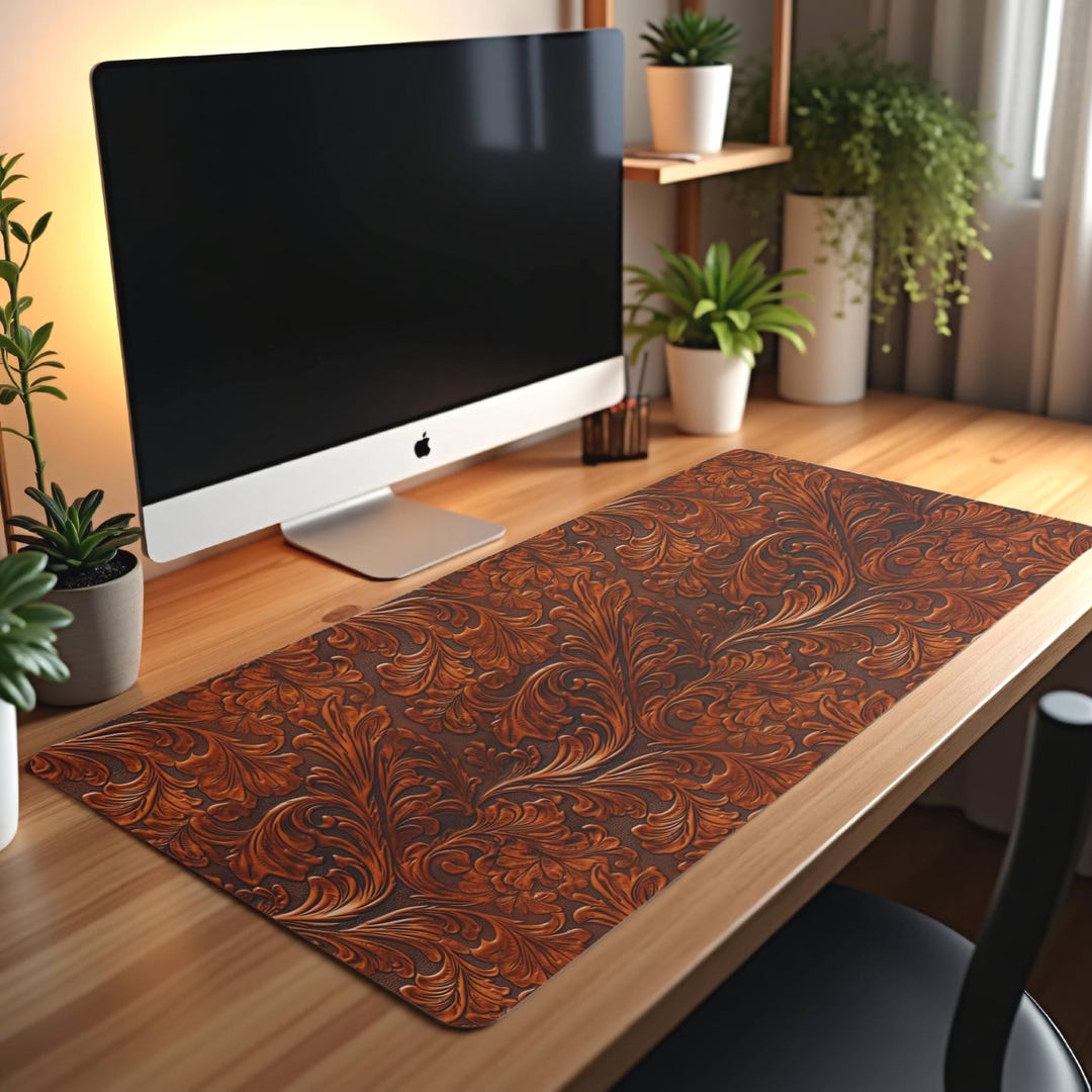 Home Office Decor, Desk Accessory, Hand Tooled Leather-look Desk Mat ...
